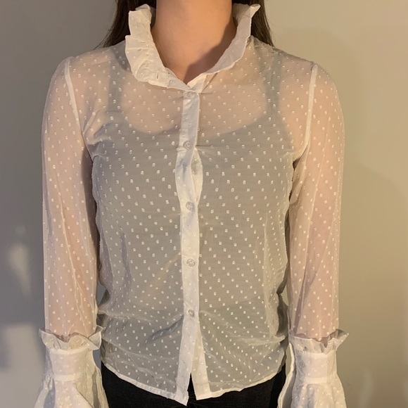 Ming Yin | Tops | Sheer White Polka Dot Button Down Blouse | Poshmark